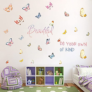 IARTTOP Luminous Butterfly Wall Decal, Inspirational Quotes-Be Your Own of Kind Peel and Stick Murals, Romantic Glow Butterflies Theme Wall Sticker for Girls Bedroom Nursery Kids Room Decoration