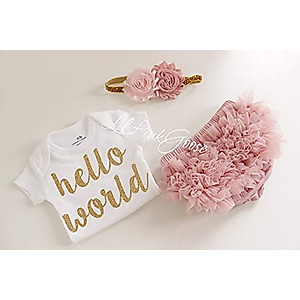 LilPinkGoose 3pcs Dusty Rose Newborn Baby Girl Coming Home Outfit Hello World Bodysuits (Newborn, Dusty Rose+Short Sleeve)