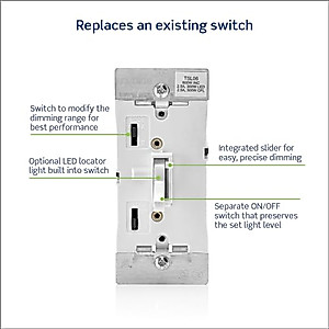 Leviton Toggle Slide Dimmer Switch for Dimmable LED, Halogen and Incandescent Bulbs, TSL06-1LT, Light Almond