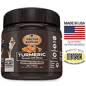 BRUTUS & BARNABY Turmeric for Dogs- Organic Turmeric with Curcumin, Soft Chews with Collagen and Bioprene Provides Hip and Joint Support Reduces Inflammation from Arthritis