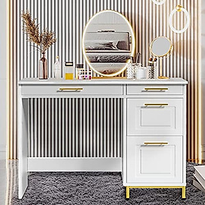 HOMBCK White Desk with Drawers, Modern White and Gold Desk with Drawers, Home Office Desk Small Computer Desk for Bedroom, Vanity Desk with 4 Drawers & Spacious Desktop, White/Gold