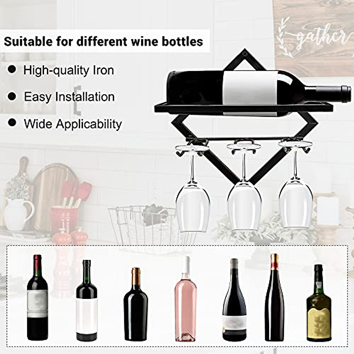 2 Style Metal Wall Mounted Wine Holder, Upgrade Foldable Hanging Wall Wine Rack Organizer for 2 Liquor Bottles, Red Wine Bottle Display Hanger with Screws for Home Kitchen Bar Wall Décor