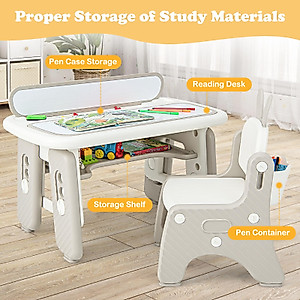 INFANS Kids Table and Chair Set, Activity Table with Magnetic Drawing Board 4 Gears Adjustable Height Bookshelf Watercolor Pens, Toddler Plastic Furniture Table for Playing Reading Eating