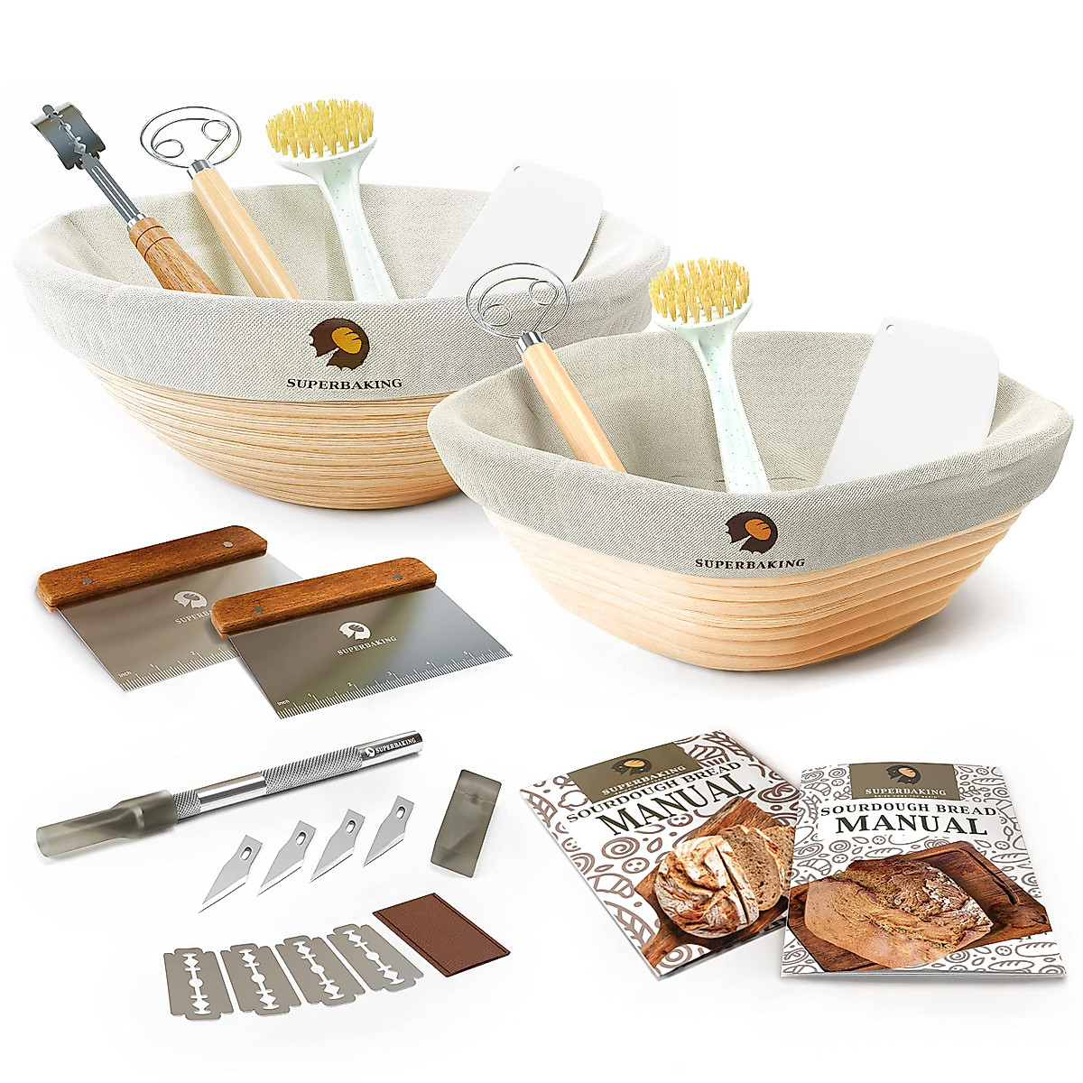 Superbaking Banneton Bread Proofing Basket Set, Round 9" and Pentagon 9"