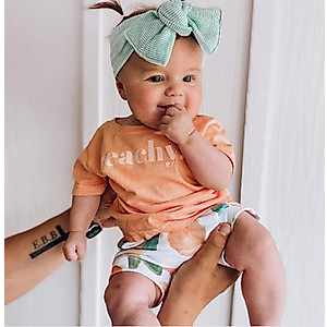 3Pcs Baby Girl Summer Clothes Set Letter Print Short Sleeve T Shirt Top Floral Shorts Headband Outfit (Orange Peachy, 6-12 Months)
