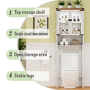 FREDEES Over The Toilet Storage Cabinet with Shelves & Doors, Toilet Shelf Space Saver with Anti-Tip Design & Ceiling Light, Free Standing Over Toilet Bathroom Organizer, White