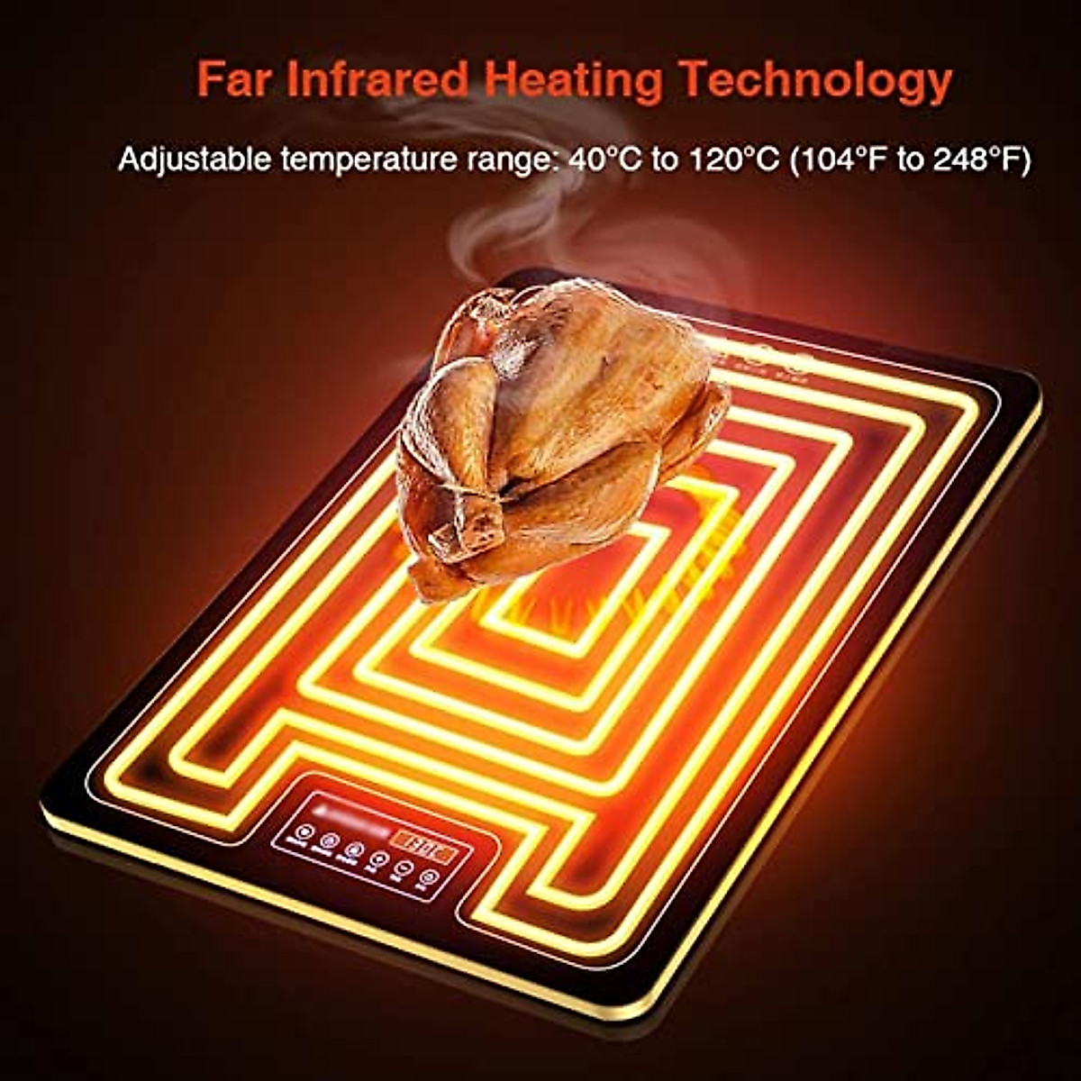 Food Warming Tray Server Electric Food Warmer Office Lunch Hot Plate for Buffets, Parties, Kitchen, with 40-120°C Adjustable Temperature Range, Touch and Timer, Glass Top