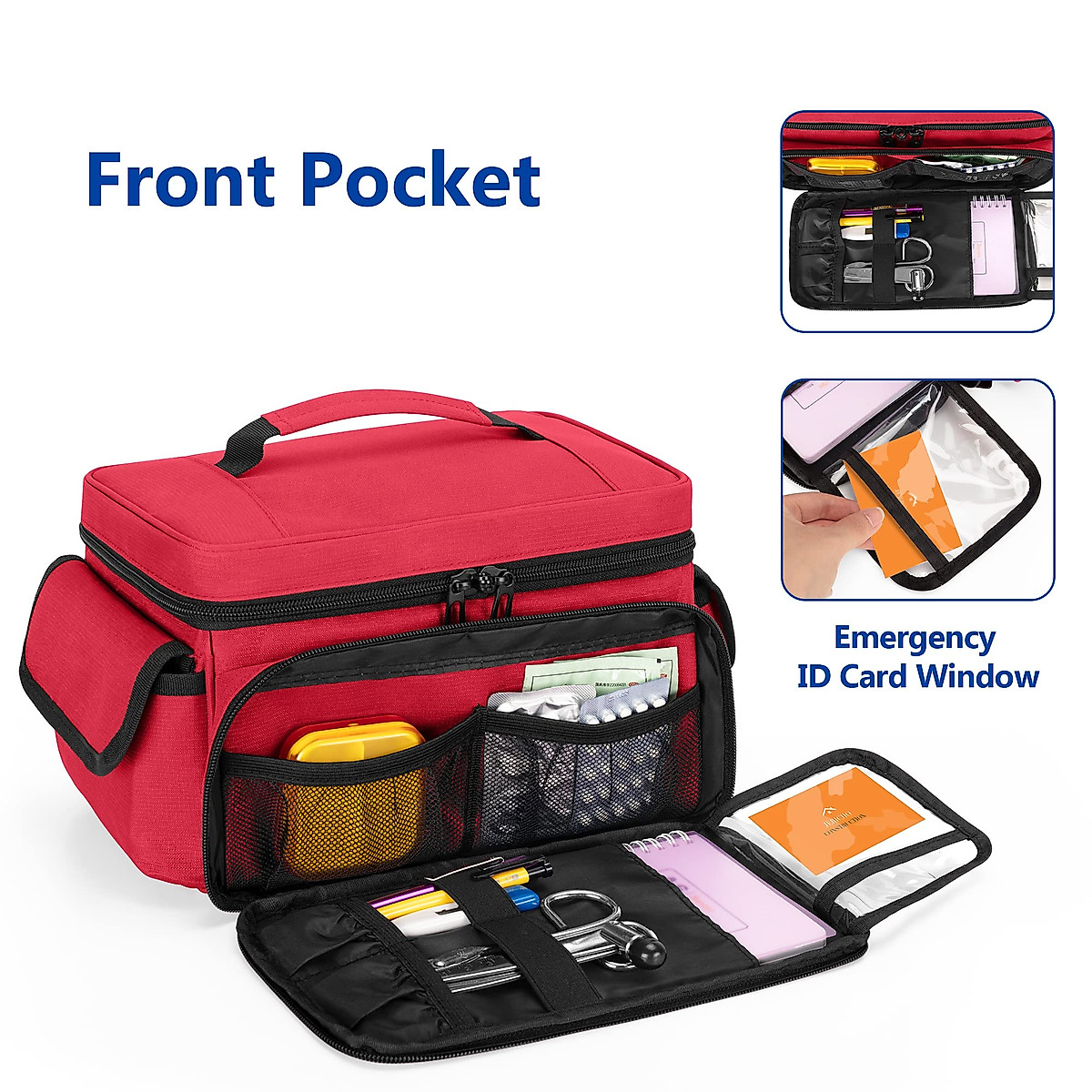 CURMIO Medicine Storage Bag Empty, Lockable Pill Bottle Organizer with Portable Zippered Pouches for First Aid Kits, Medicine Box for Home and Travel, Red (Patent Pending)