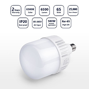 400W-500W Equivalent LED Light Bulb, Bright White Bulbs 6500K 65Watt High Lumen, Cool Daylight White E26/E27 Medium Base for Garage Warehouse Factory Workshop Street Backyard Large Area