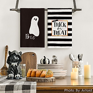 Artoid Mode Trick or Treat Halloween Kitchen Towels Dish Towels, 18 x 26 Inch Stripes Boo Ghost Holiday Ultra Absorbent Drying Cloth Hand Towels for Cooking Baking Set of 2