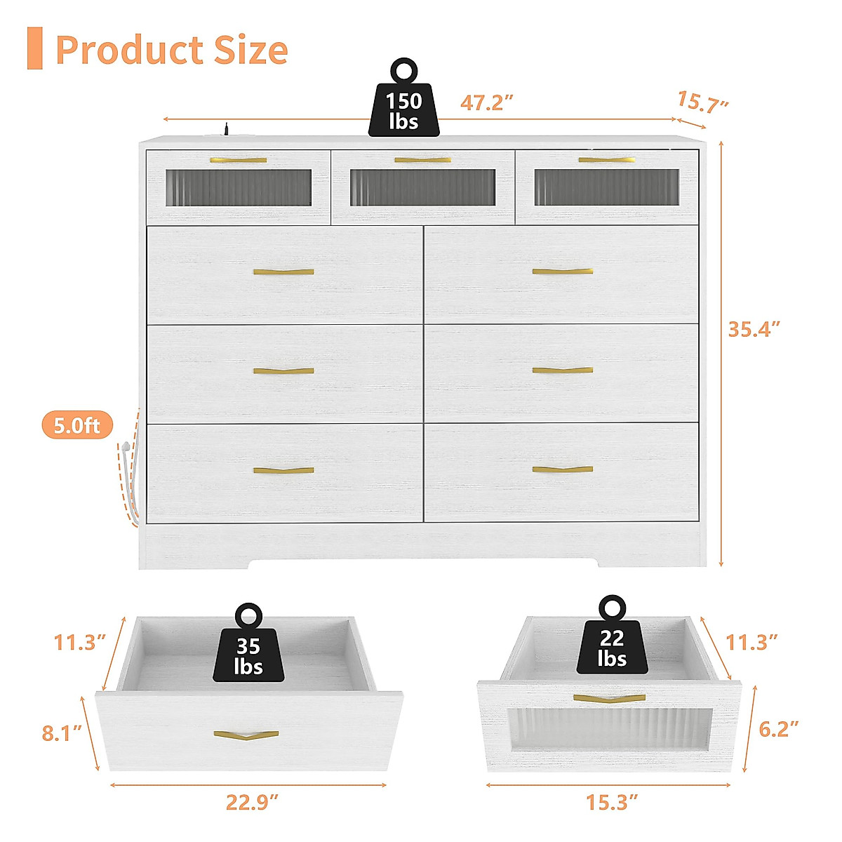 Vibe & Dine 9 Drawer Dresser with LED Lights and Charging Station, Modern Chest of Drawers Closet Organizer, Wood Wide Storage Dresser for Bedroom, Living Room