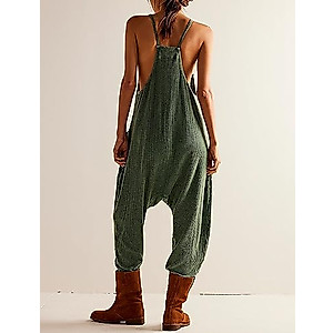 morhuduck Women's Sleeveless Jumpsuits Casual Waffle Knit Rompers V Neck Loose Overalls Spaghetti Strap One Piece Jumpsuits with Pockets,Green S
