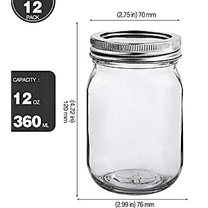 KAMOTA Mason Jars 12 oz With Regular Lids and Bands, Ideal for Jam, Honey, Wedding Favors, Shower Favors, DIY Spice Jars, 12 PACK, 20 Whiteboard Labels Included