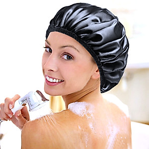 Terry Cloth Shower Cap,G.traveller Large Triple Layer Bathing Cap with Dry Hair Function Microfiber Shower Cap for Women with Silky Satin 100% Waterproof Reusable Bonnets (Black)