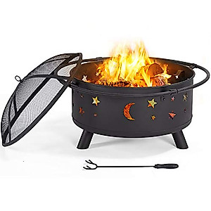 Topeakmart 30 Inch Backyard Fire Pit Iron Brazier Wood Burning Coal with Sky Stars and Moons Pit Fire Bowl Stove for Outside Camping Patio Garden Black