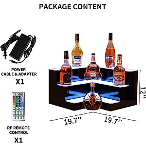 Corner LED Liquor Bottle Display Shelf, 20 in 3 Step LED Display Shelf DIY Mode Illuminated Bottle Shelf Color Changing with LED Color Remote Control High Gloss Black Finish for Home Party Bar