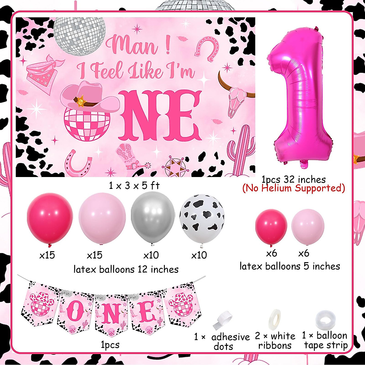 kreat4joy Disco Cowgirl 1st Birthday Decorations, Man I Feel Like I'M One Party Decorations Backdrop, Western Hot Pink Balloons Garland Arch Number 1 Foil Balloon One High Chair Banner for First Rodeo