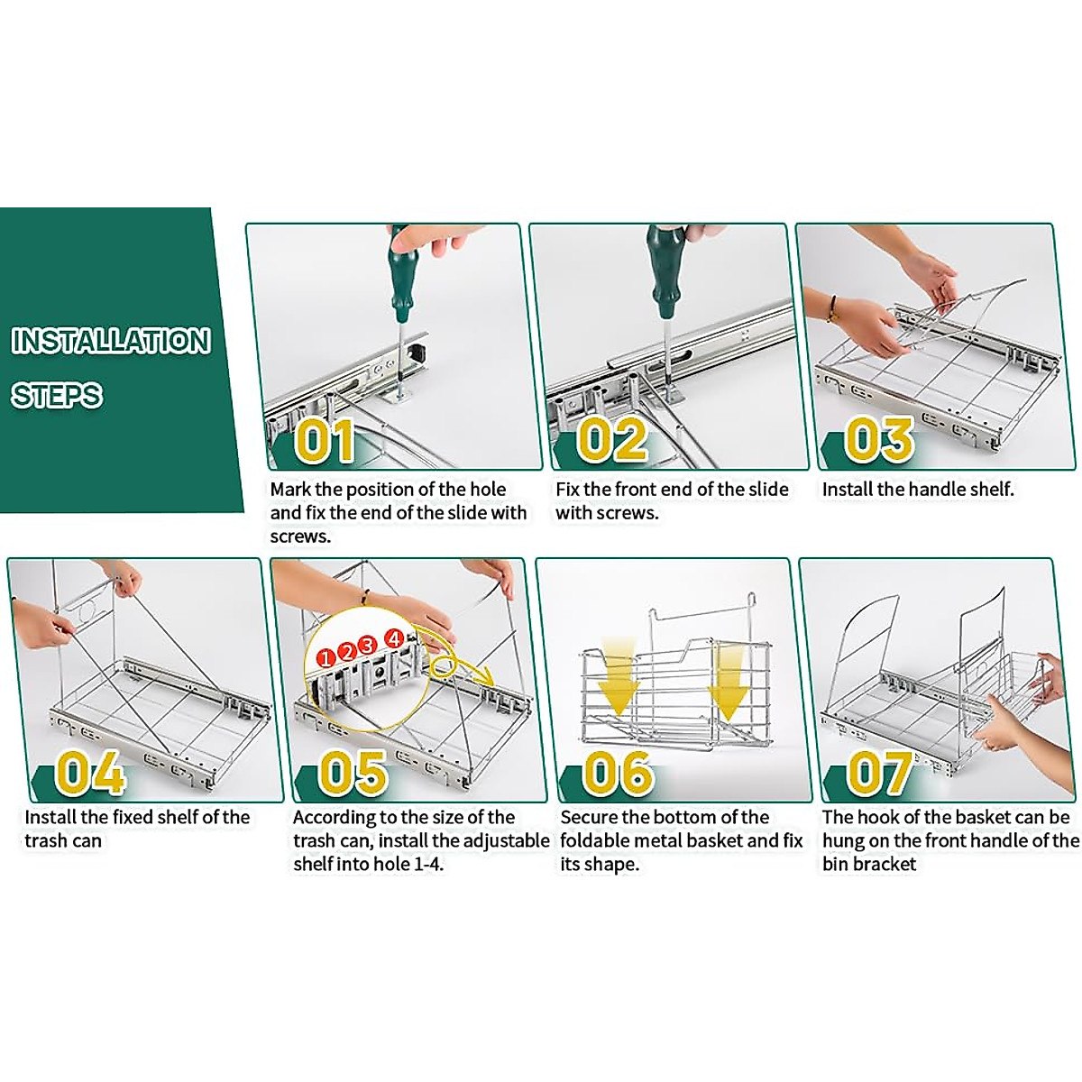 Pull Out Trash Can with Removable Metal Basket, Stainless Steel Kitchen Adjustable Trash Slide Out Shelf, Cabinet Trash Can Pull Out Kit, Fit 7-11 Gallon Garbage Can (Trash Can Not Included, Silver)