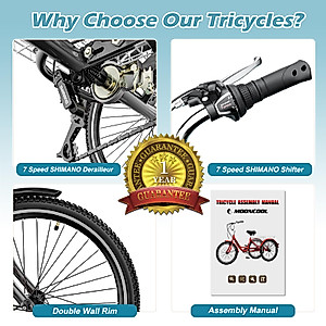 NAIZEA Adult Tricycle, 7 Speed Three Wheel Cruiser Bike, 20/24/26 inch Adult Trikes 3 Wheel Bikes with Large Basket for Seniors, Adults, Women, Men, Multiple Colors