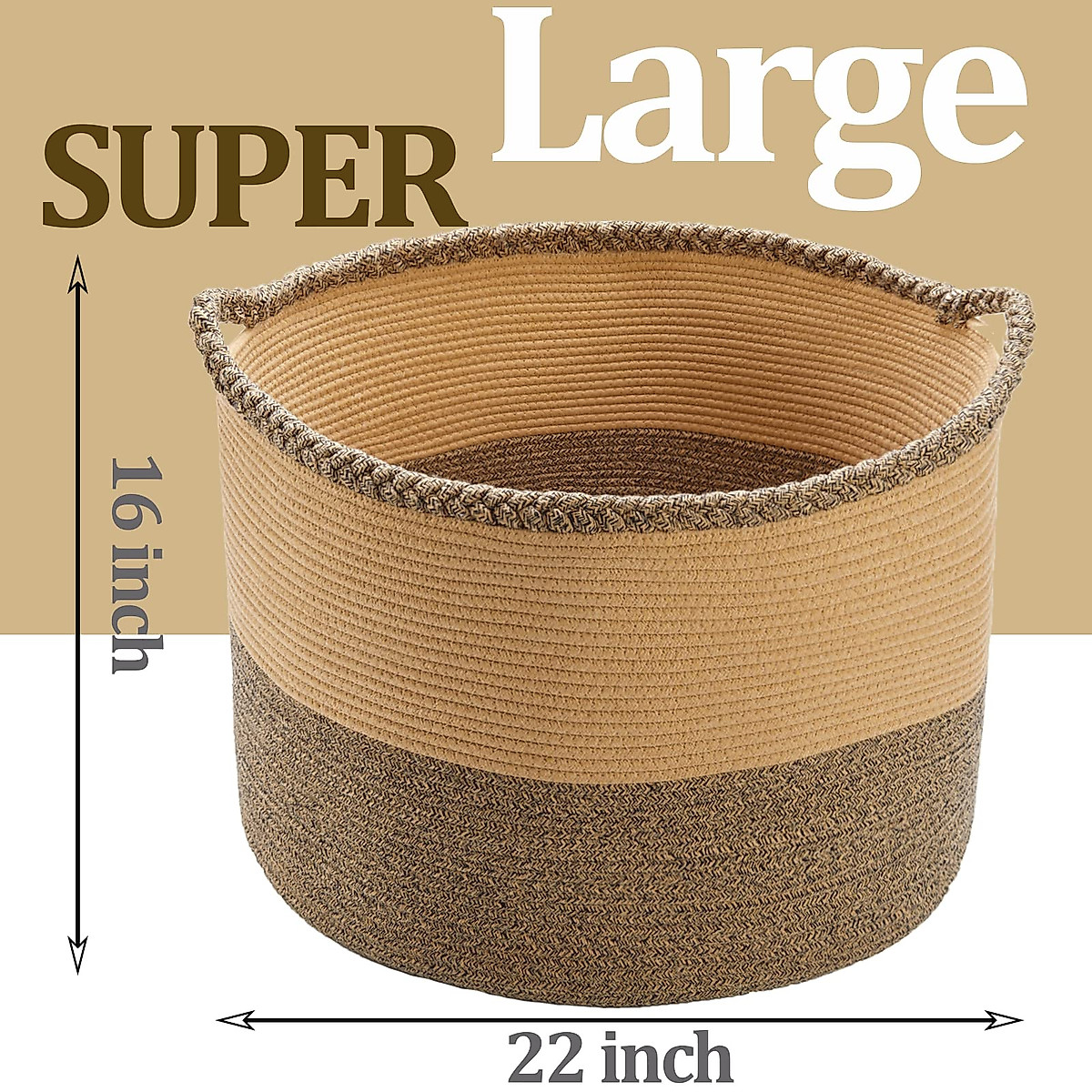 Turnextte Cotton Rope Basket, 22'' X16'' Super Large Blanket Storage Basket, Large Woven Laundry Basket with Reinforced Handles, Blanket Basket Living Room, Black and Brown