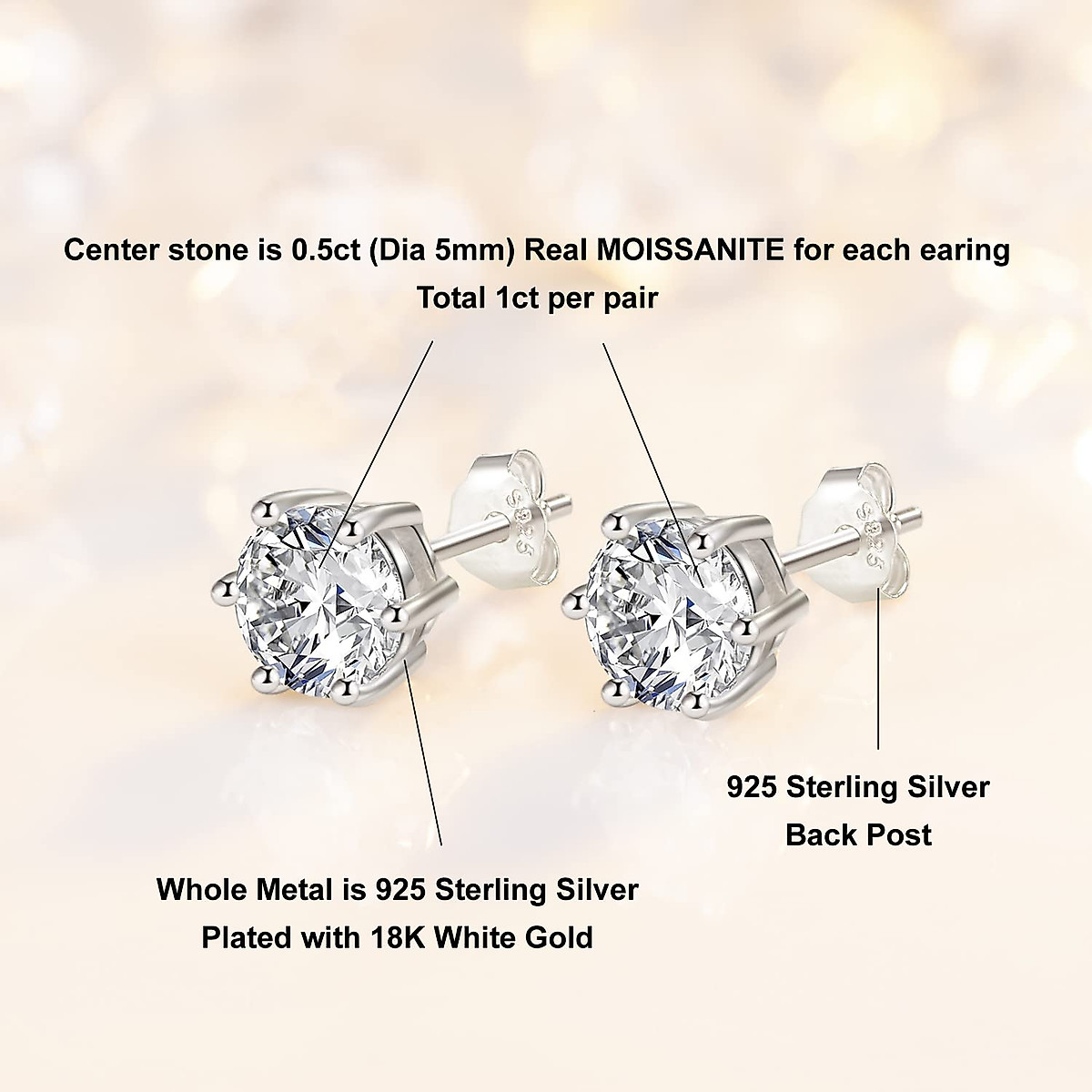 SecreTalk Moissanite Stud Earrings, 1ct C6P D Color Ideal Cut Lab Created Diamond 18K White Gold Plated Earrings for Women with Certificate of Authenticity