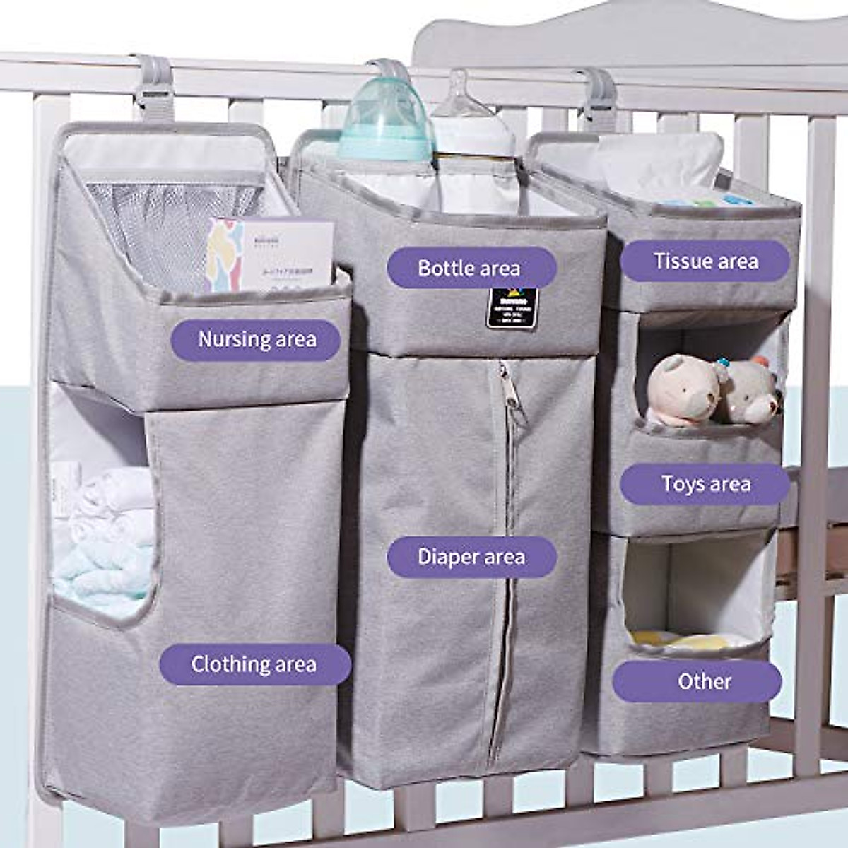 SUNVENO 3-in-1 Detachable Changing Table Diaper Organizer, Crib Hanging Diaper Organizer for Baby Essentials Storage, Grey