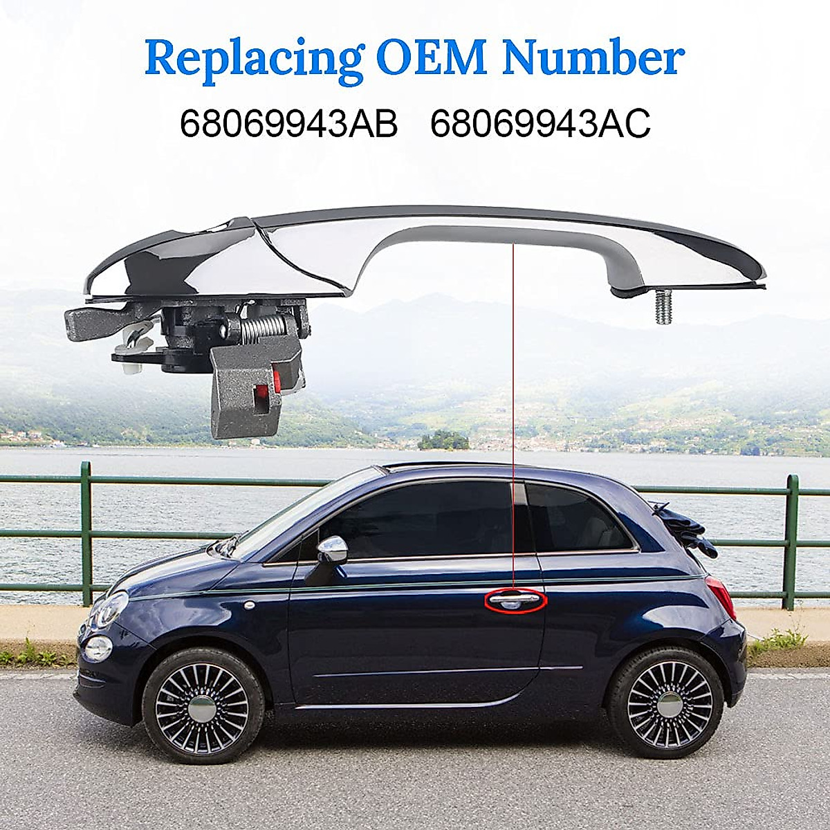 JDMON Compatible with Exterior Chrome Left Driver Side door handle Fiat 500 2012 2013 2014 2015 2016 2017 2018 Outside Handle Replace 68069943AC