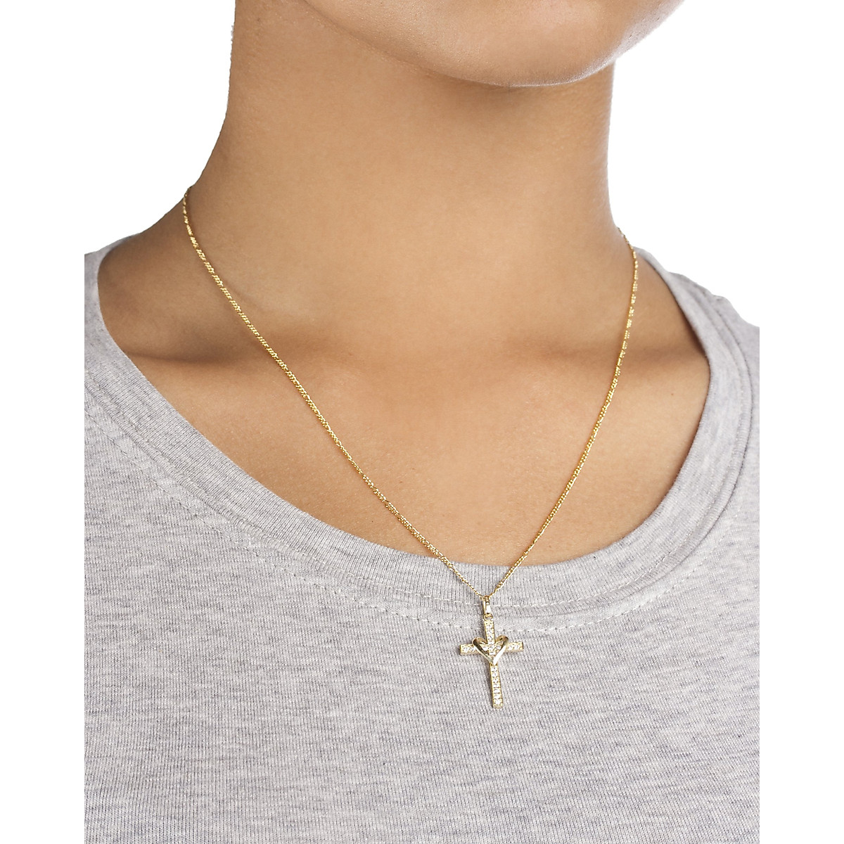 10k Yellow Gold, Rose Gold and White Gold Heart & Cross Pendant with an 16, 18, 20 and 22 Inch Gold Overlay Figaro Necklace (18 Inch, Yellow Gold)