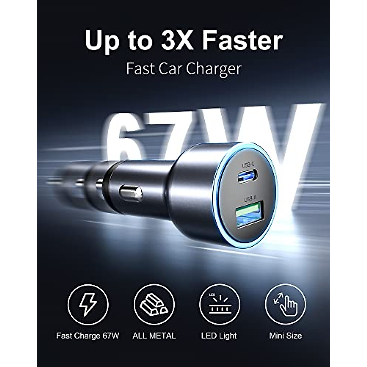 BYEASY USB Car Charger, 67W Dual Port Fast Type C Charging Adapter, PD3.0 QC4.0 Power Output Charger, Car Cigarette Lighter Plug for MacBook, Laptop, iPhone 14/13, Samsung S22/S21, iPad Pro More