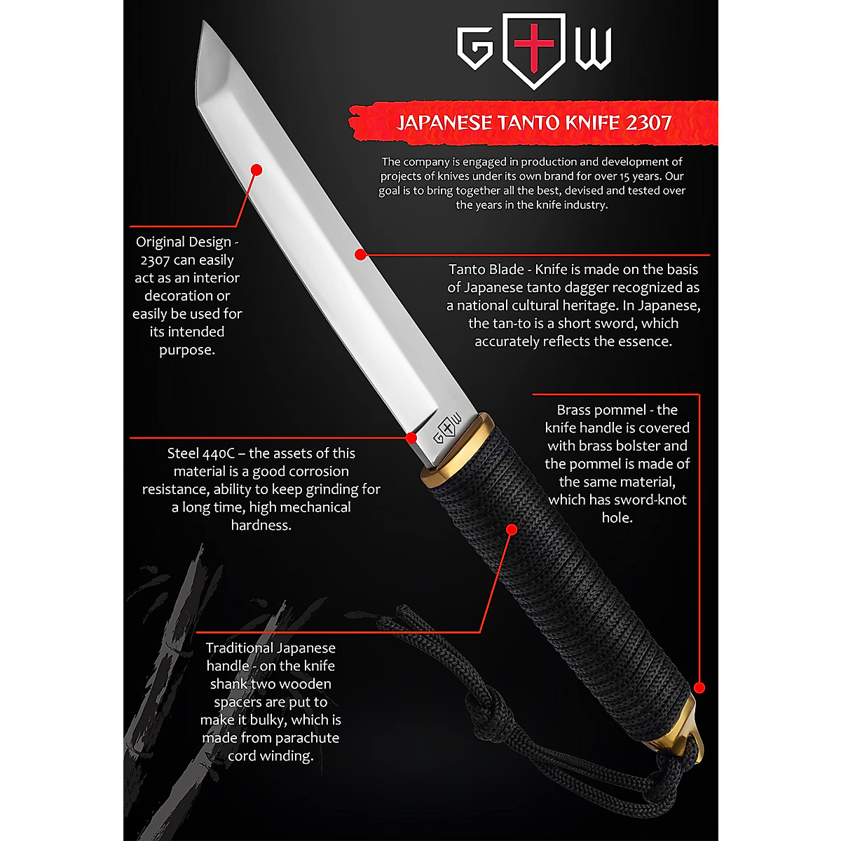 Grand Way Bundle of 2 Items - Japanese Fixed Blade Tanto Knife - 5,9" Polished Sharp Blade - Knives with Paracord Handle - Hiking Hunting Knofe - Sharp Blade Tool - Birthday Christmas Gifts for Men