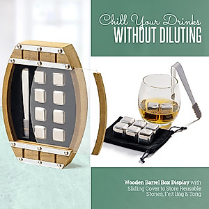 Whiskey Stone Gift Set - 8 Pieces Stainless Steel Cubes in Wooden Barrel Box Display Includes Reusable Stones, Felt Bag & Tongs - Keep Drinks Cold for Scotch, Beer, Wine, Cocktails for Women & Men