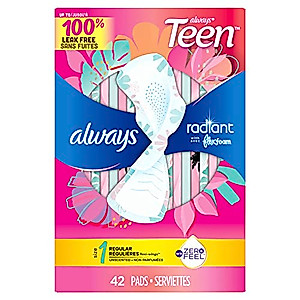 Always Radiant Teen Feminine Pads For Women, Size 1 Regular Absorbency, With Flexfoam, With Wings, Unscented, 42 Count