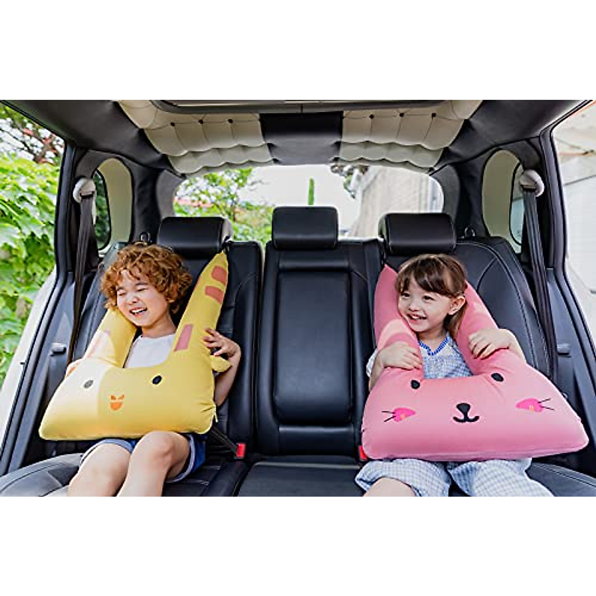Kangaruru All in One Seatbelt Adjuster and Pillow with Neck and Headrest Cushion for Kids (Rabbit_Pink)