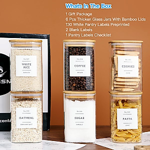 CZZGSM 6 Pack Square Glass Kitchen Storage Jars with Airtight Bamboo Lids and 132 Pantry Labels - 35oz Glass Canisters With Wood Lids - Glass Food Storage Containers for Coffee, Cookie, Tea, Spice