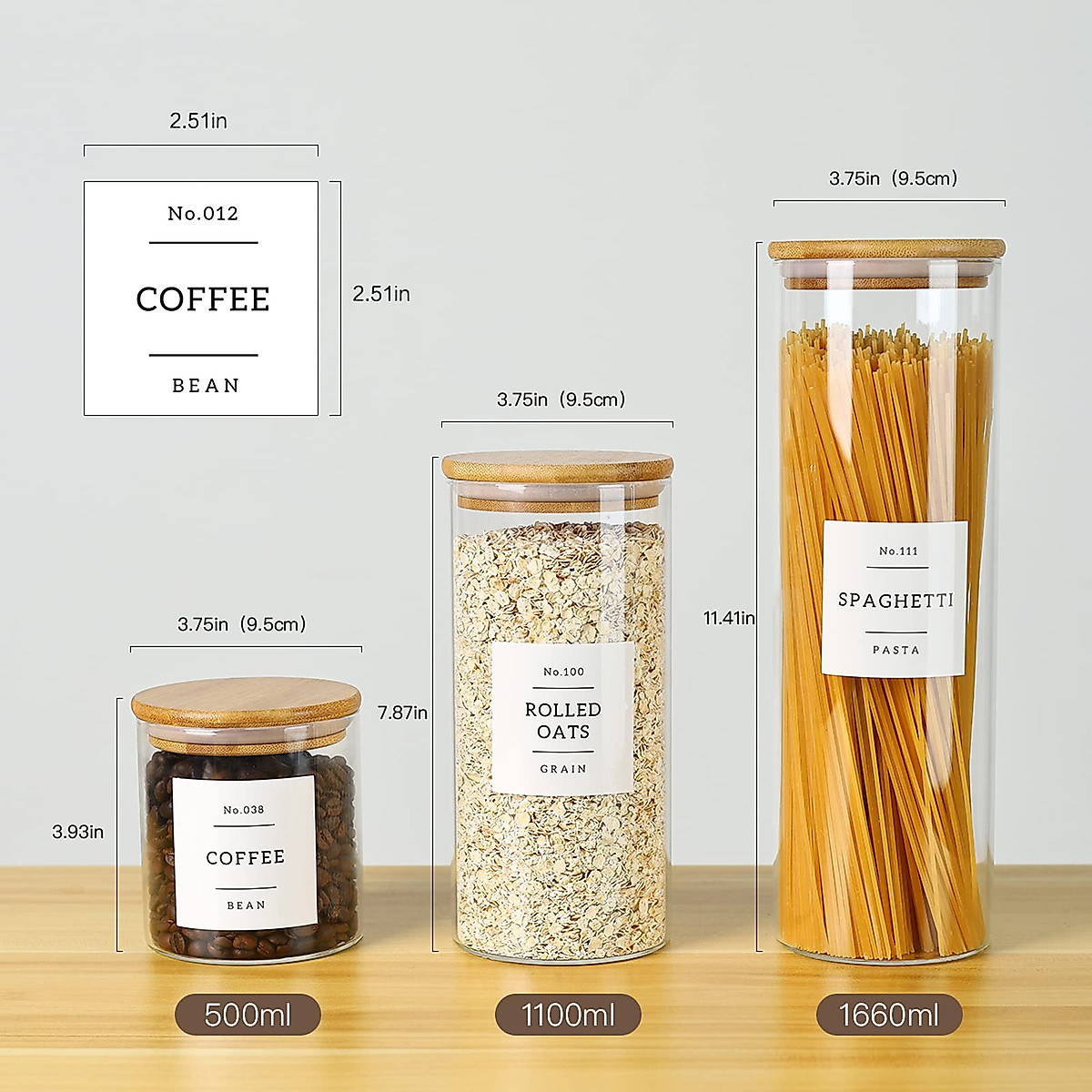 CZSZYGHBAO 5 Pack Glass Jars with Bamboo Airtight Lids - Stackable Food Storage Containers with 132 Pantry Labels - with Wood Lid for Candy, Cookie, Rice, Sugar, Flour, Pasta, Nuts