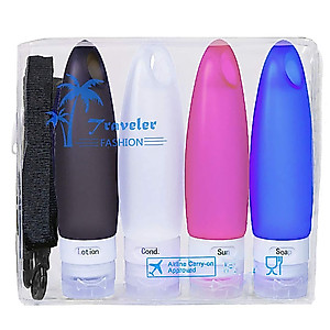 SANTREST Gym Refillable Bottles Leak Proof Camping Travel Containers with Shower Lanyard,3.3oz TSA Approved Squeezable Silicone Travel Tube Set for Gym Shampoo Lotion Soap