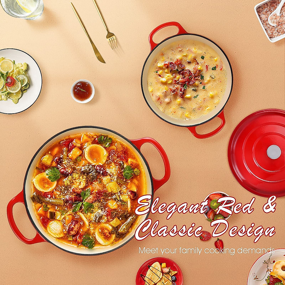 Enameled Cast Iron Dutch Oven Set with Lids, 2pcs Cast Iron Pot, 6QT & 1.5QT Enamel Cookware Pot, Red