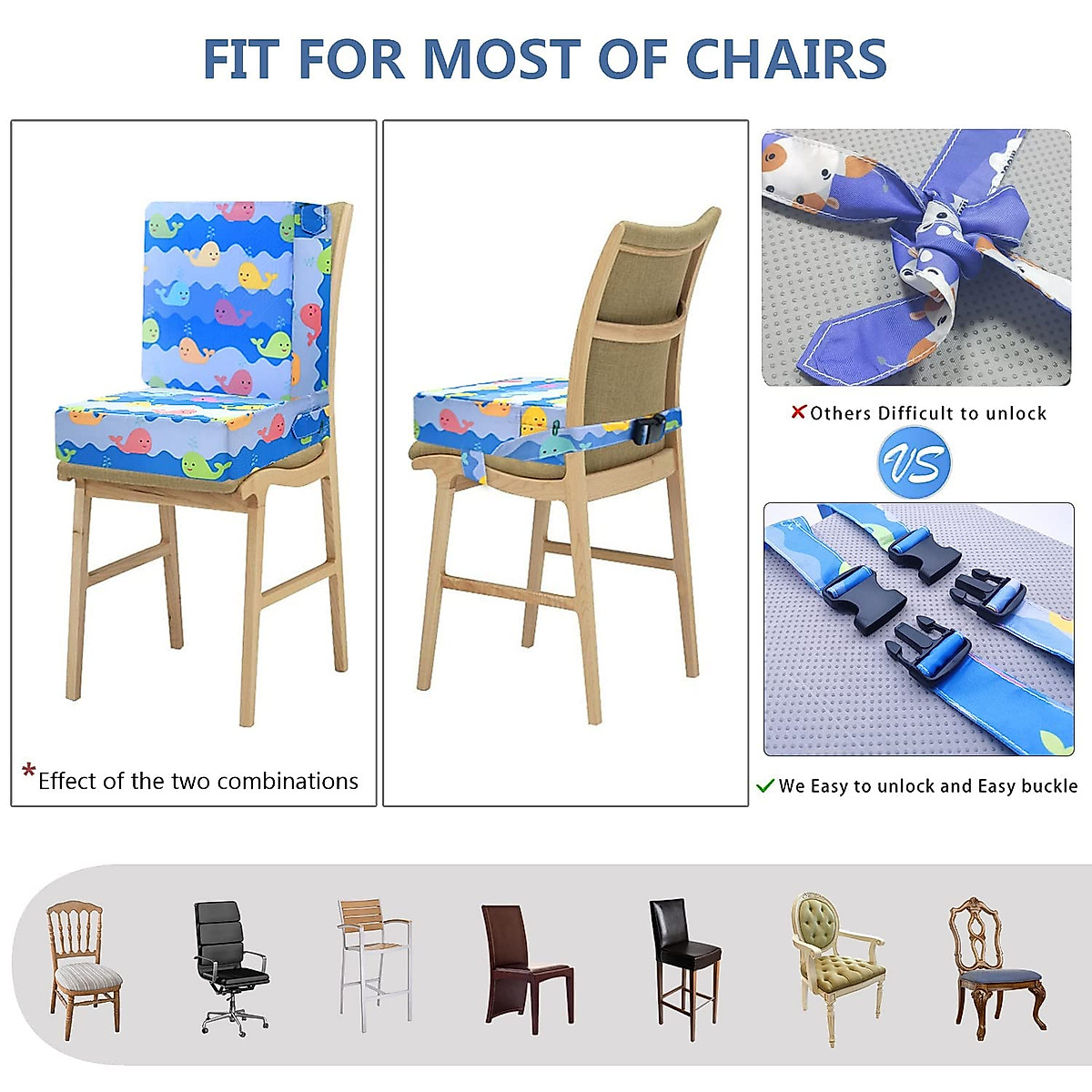 Toddler Booster Seat for Dining Table, 4inch Toddler Cushion, Portable Booster Seats Baby, Adjustable Kids Chair Heightening Booster, Washable Chair Seat Pad Mat for Kids. (Blue)