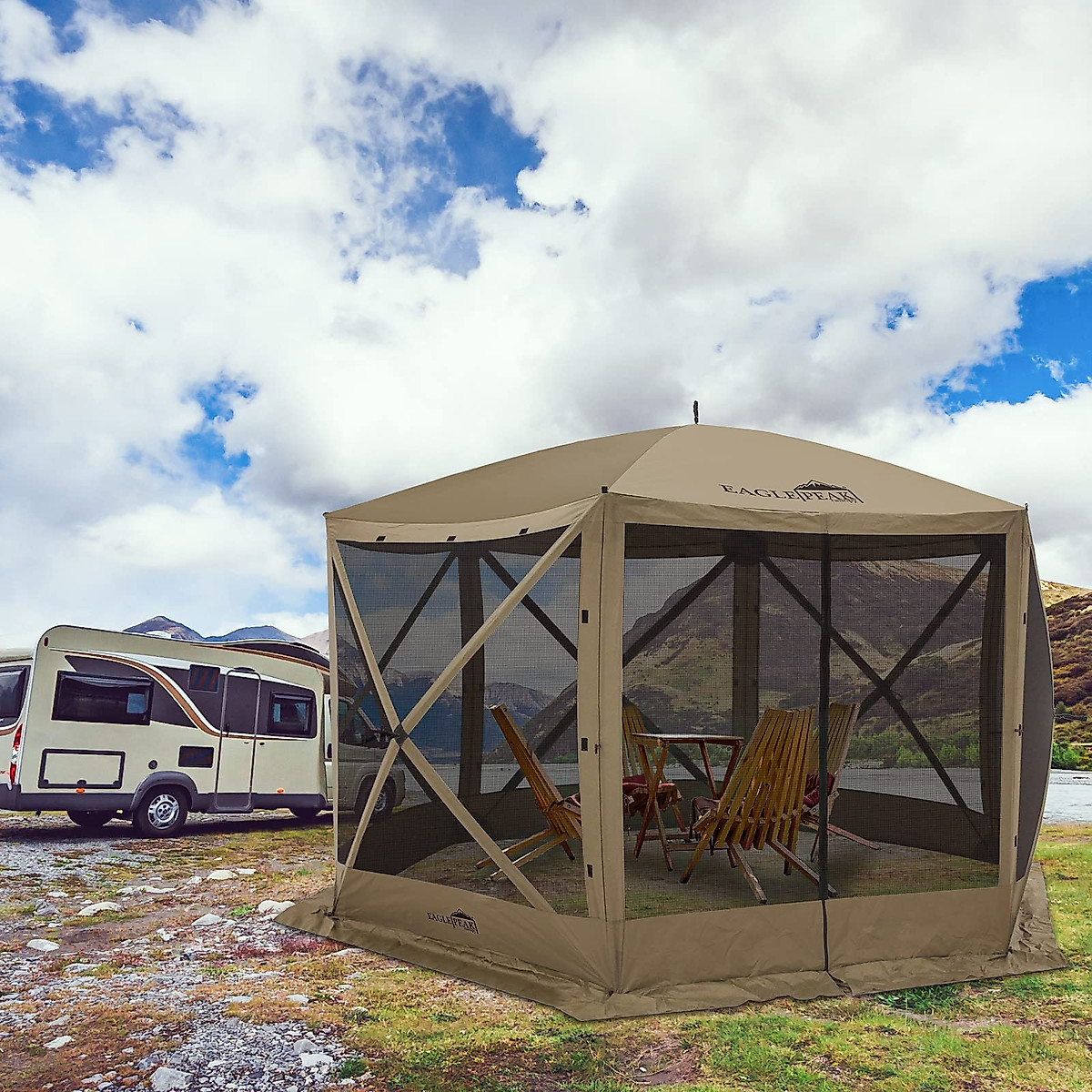 EAGLE PEAK 12x12 ft Portable Pop Up 6 Sided Gazebo Canopy, Outdoor Camping Screen Tent with Mesh Netting 8 Person, Beige