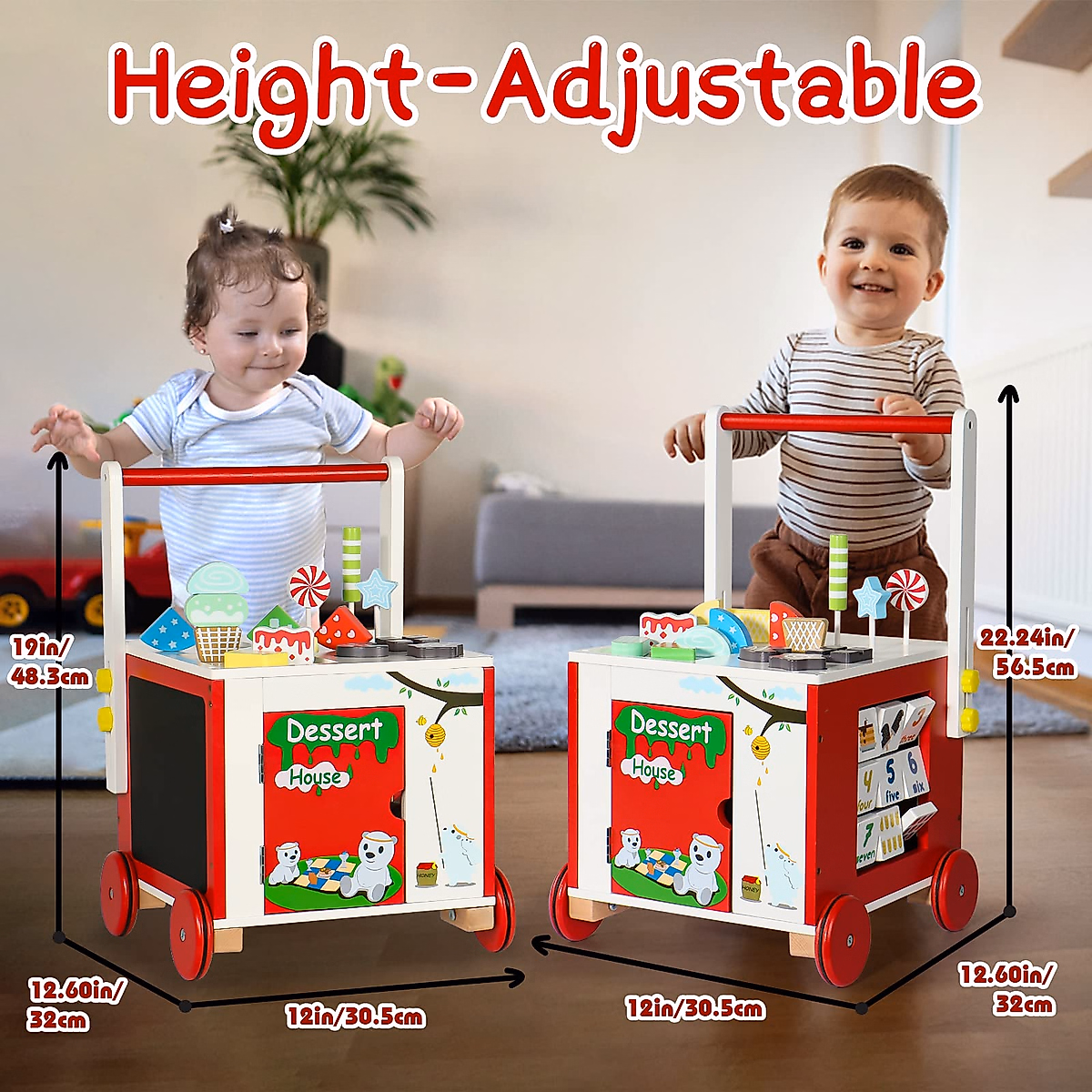 Baby Walker for Girls - Wooden Activity Cube Center for Baby with Pretend Food, Chalkboard, Clocks 6 in 1 Educational Learning Toys for Toddlers - Gift for 1 Year Old Girls & Boys - Easy Assembly