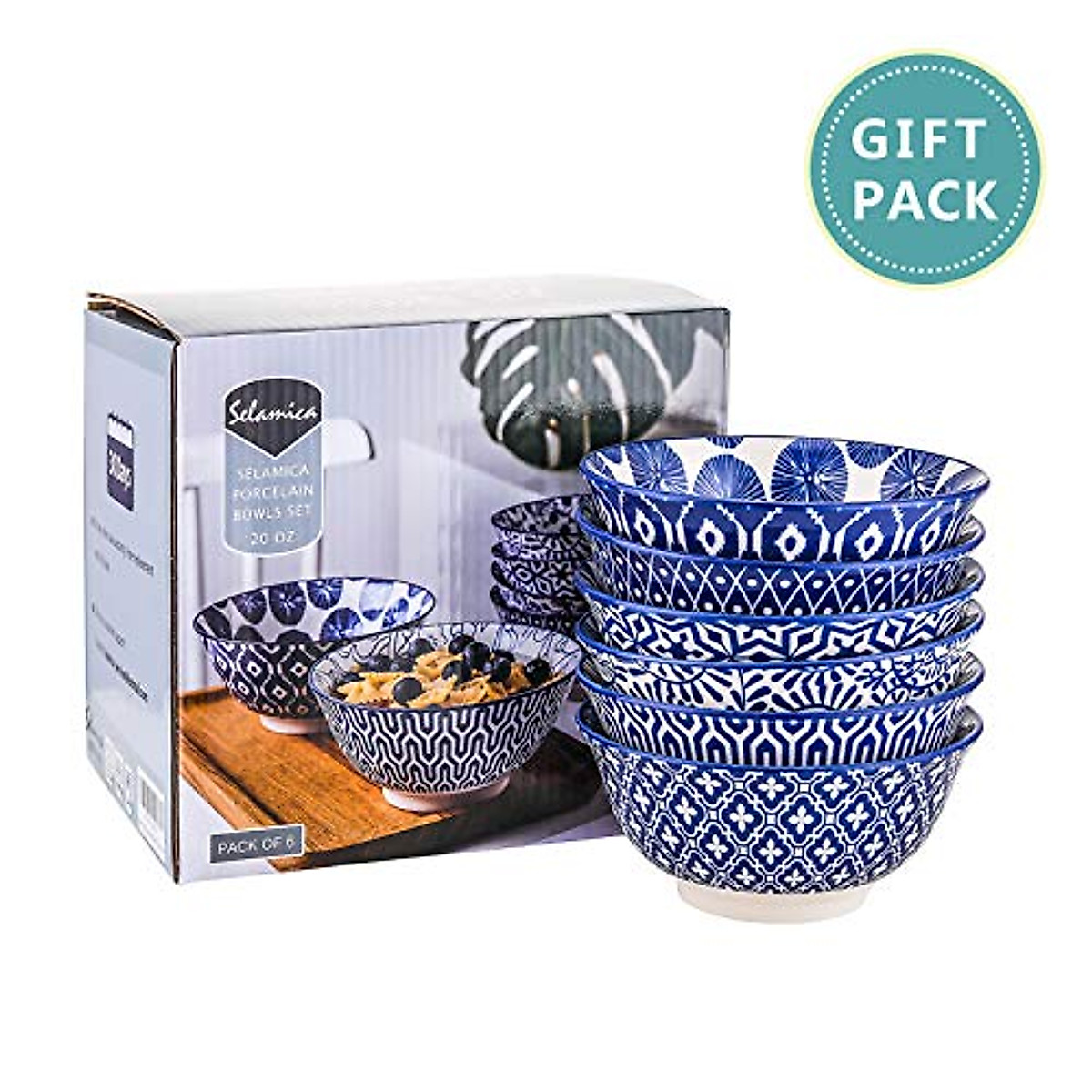 Selamica Blue and White Porcelain 20oz Cereal Bowl Set - Set of 6, 6 inch Soup Bowls, Ceramic bowls for Cereal, Soup, Salad and Pasta, Vintage Blue, Gift Pack