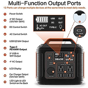 SBAOH Portable Power Station, 300W 296Wh Solar Generator Quick Charge / 110V AC Outlets/DC Ports and LED Flashlight, Lithium Battery Backup for Home Outdoor Travel Camping Blackout
