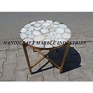 White Agate Round Table With Stand, Agate Stone Table With Stand, Round White Agate Side Table 15" Inch