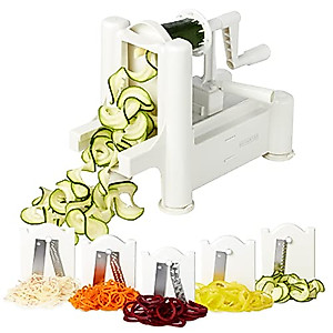 Nuvantee Spiralizer for Veggies - Zucchini Noodle Maker Slicer w/ 5 Blade Cutter Attachments - Vegetable Spiralizer for Cucumber Slicer, Curly Fries, Zoodles, Potato, Squash & Spaghetti