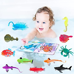 Color Changing Mold Free Bath Toys for Toddlers Kids, Color Change Sea Creatures Ocean Animal Toys & Glow in The Dark Toy with Bath Book(13 Pack), Water Table Toys Rubber Fish Toys for Kids Bathtub
