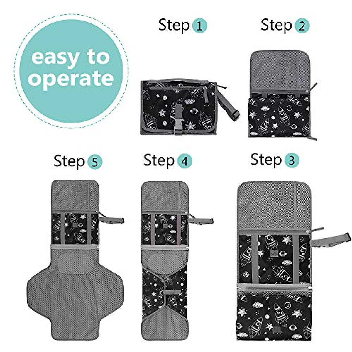 TILLYOU Portable Changing Pad, Baby Travel Changing Pad for Diaper Bag, Diaper Changing Mat with Foam Head Pillow and Extra Pockets, Baby Stuff for Newborn, Baby Shower Gifts (Star Rocket)