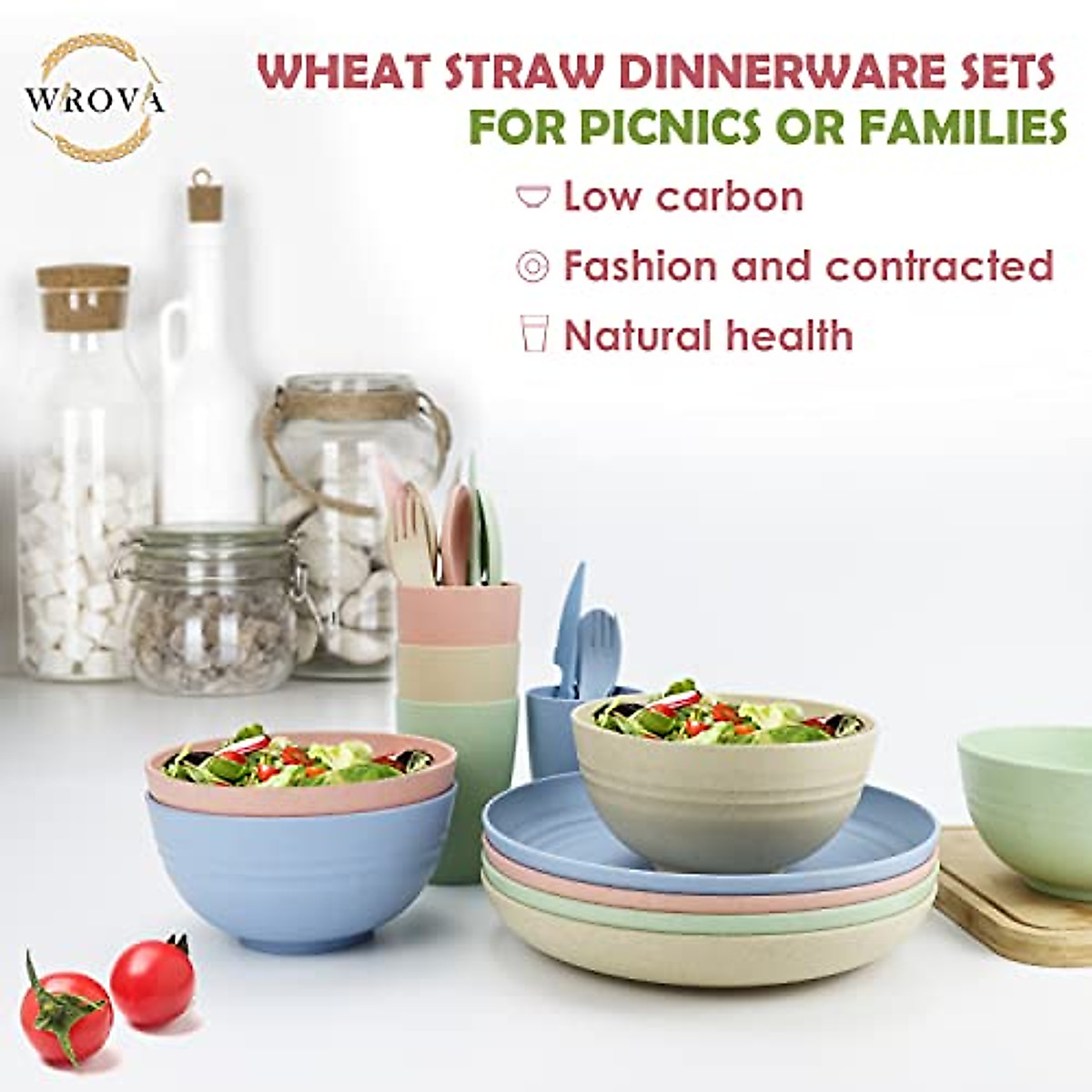 Wheat Straw Dinnerware Sets(24 pcs),Unbreakable Dinnerware Set for 4,Microwave & Dishwasher Safe Dinnerware,Kids Plates and Bowls Sets,Lightweight & Unbreakable Reusable Dishes,Camping Dish Set