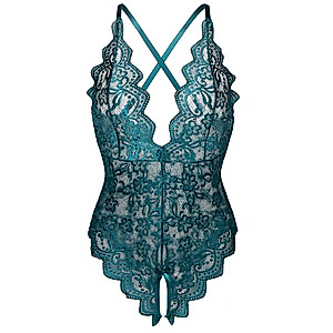 Donnalla Women Lingerie Lace Bodysuit Sexy Deep V Neck One Piece Body Suits Teddy Babydoll Green M