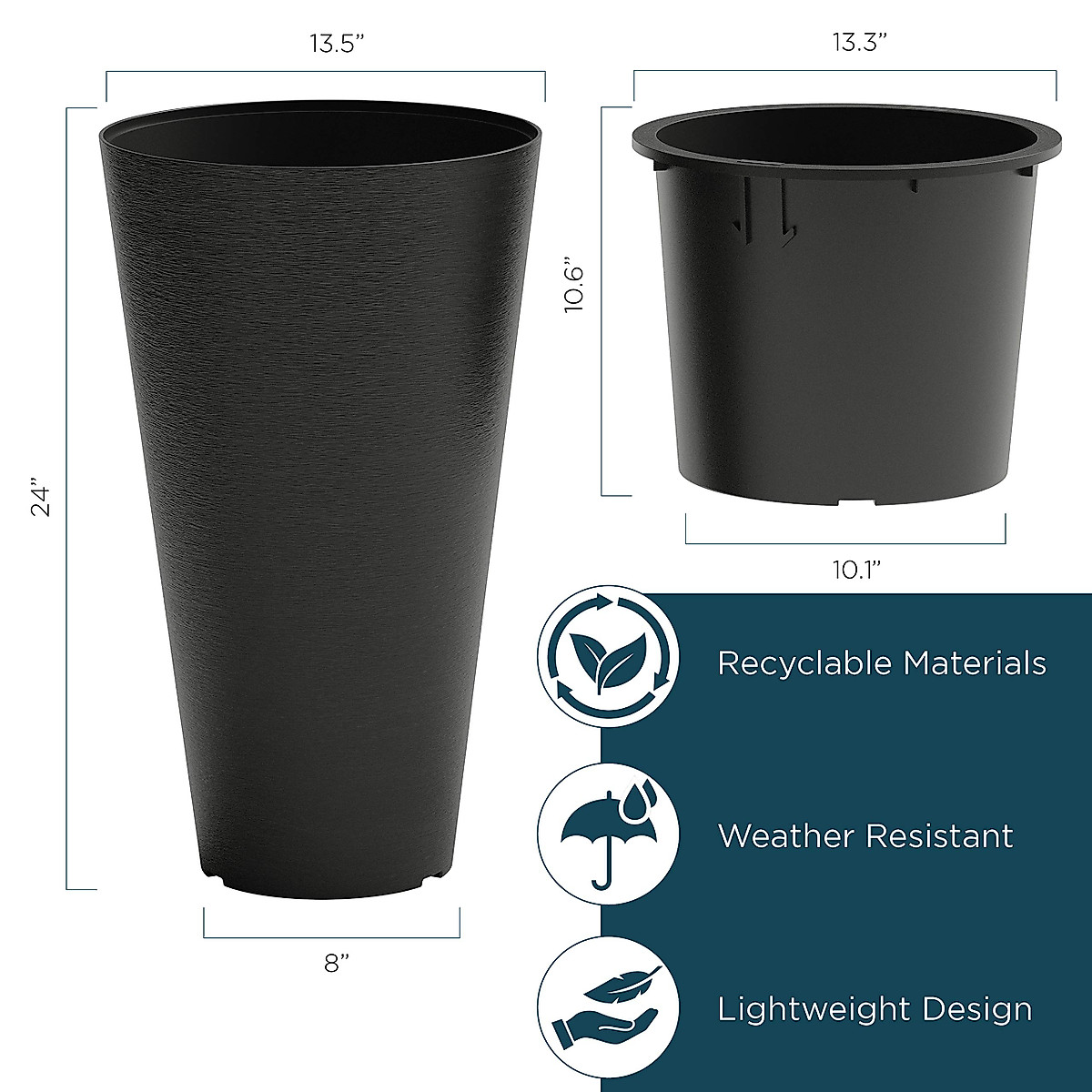 Verel Set of 2 Tall Outdoor Planters - 24 Inch Large with Small Planting Pots – Indoor and Flower for Front Door, Patio Deck (Black)