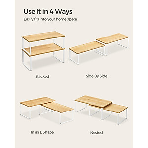 SONGMICS Cabinet Organizer Shelf, Set of 2 Kitchen Counter Shelves, Kitchen Storage, Spice Rack, Stackable, Expandable, Metal and Engineered Wood, Cloud White and Natural Beige UKCS200W01